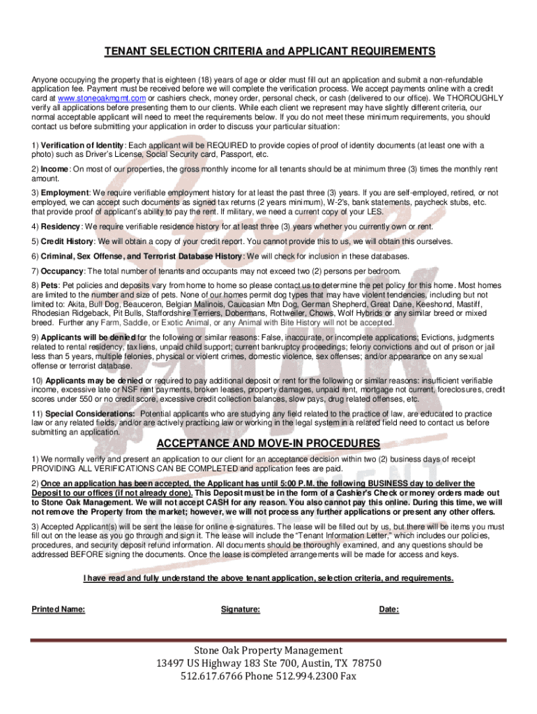 Fillable Online TENANT SELECTION CRITERIA & REQUIREMENTS Fax Email ...