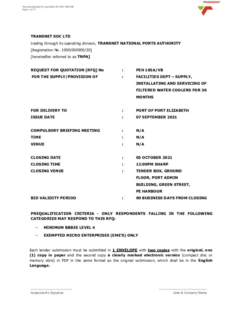 Fillable Online REQUEST FOR QUOTATION RFQ No TNPA/MSB006-2021 ...