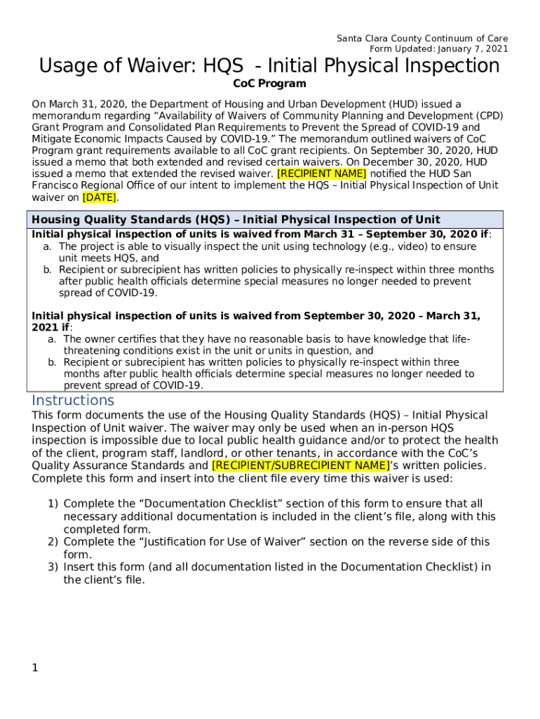 CoC HQS Initial Inspection WaiverDocumentation 01.07 ... Doc Template ...