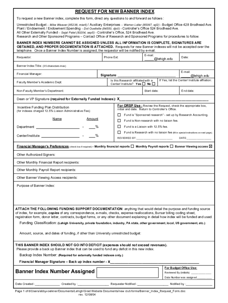 Fillable Online grad.lehigh.eduBannerIndexRequestFormTo request a new ...