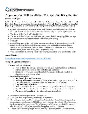 Fillable Online Apply for your LDH Food Safety Manager Certificate On ...