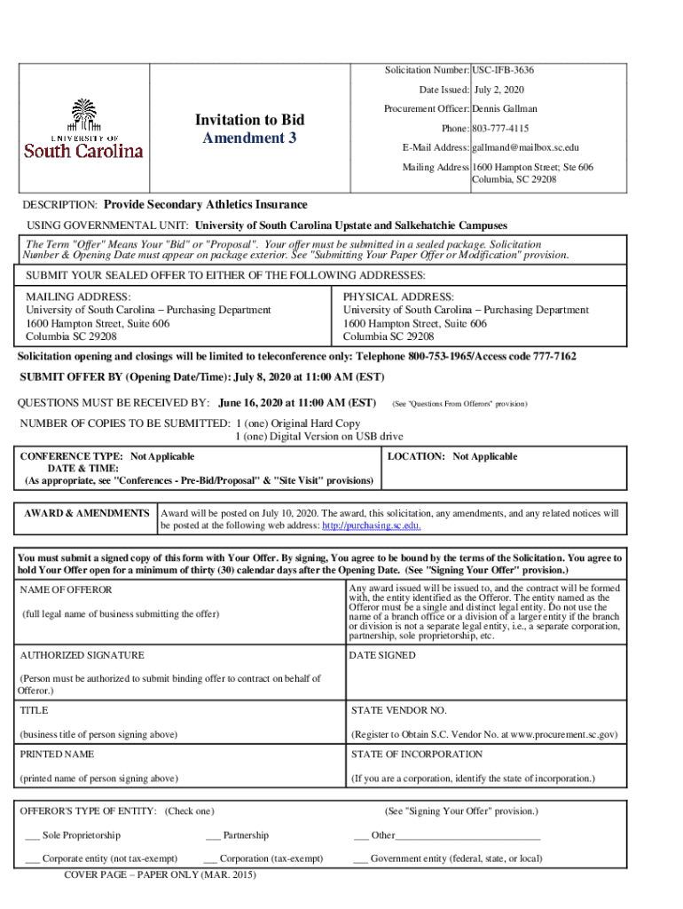 Fillable Online State of South Carolina Solicitation Number: Date ...