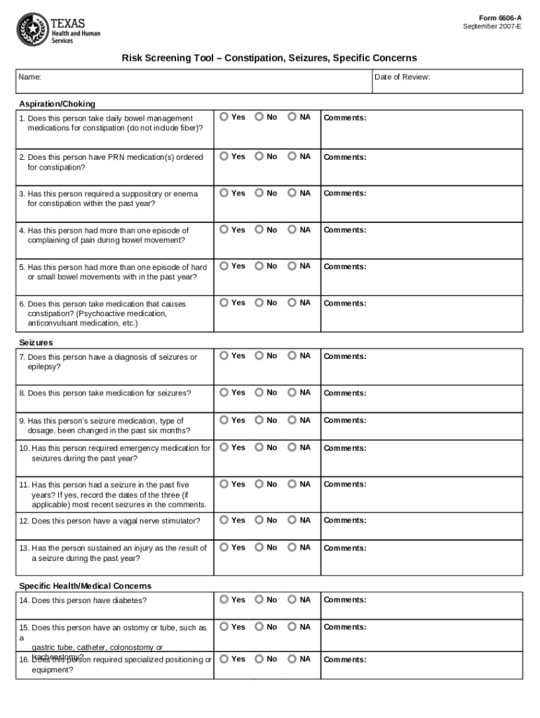 Fillable Online Form 6606-A, Risk Screening Tool Constipation, Seizures ...