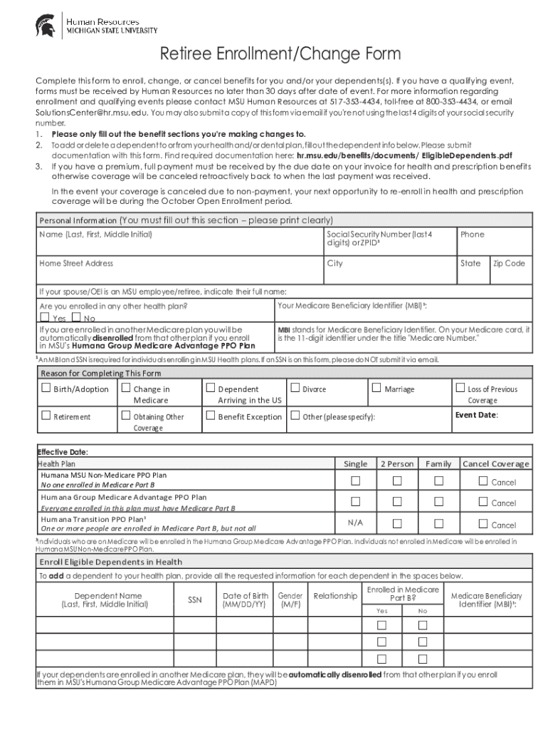 Fillable Online hr msu Retiree Enrollment/Change Form Fax Email Print ...