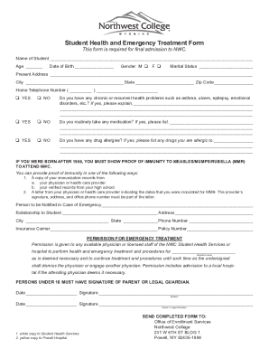 Fillable Online www.nwc.edu admissions docsStudent Health and Emergency ...