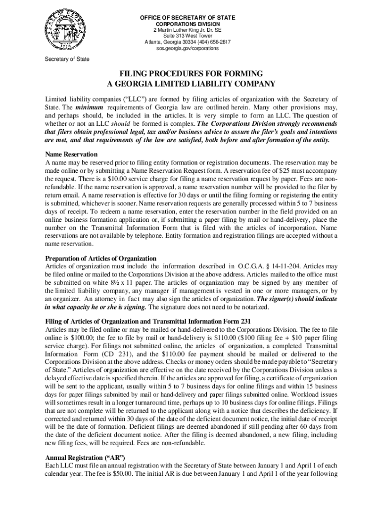 Fillable Online sos ga FILING PROCEDURES FOR FORMING A GEORGIA LIMITED ...