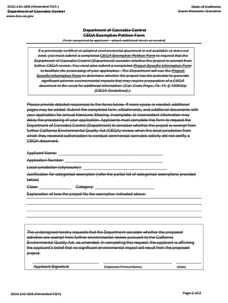 Fillable Online Department of Cannabis Control - CEQA Exemption Petition Form DCC-LIC-026 ...