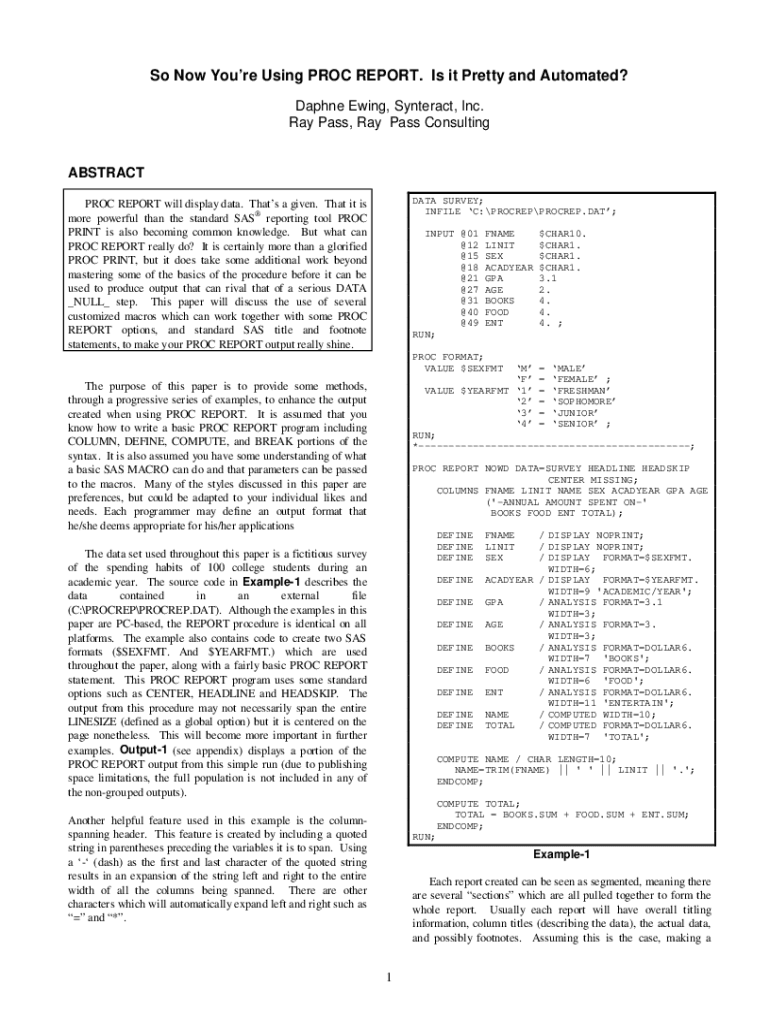 Fillable Online So Now Youre Using PROC REPORT.Is it Pretty and Automated?. Beginning Tutorials ...