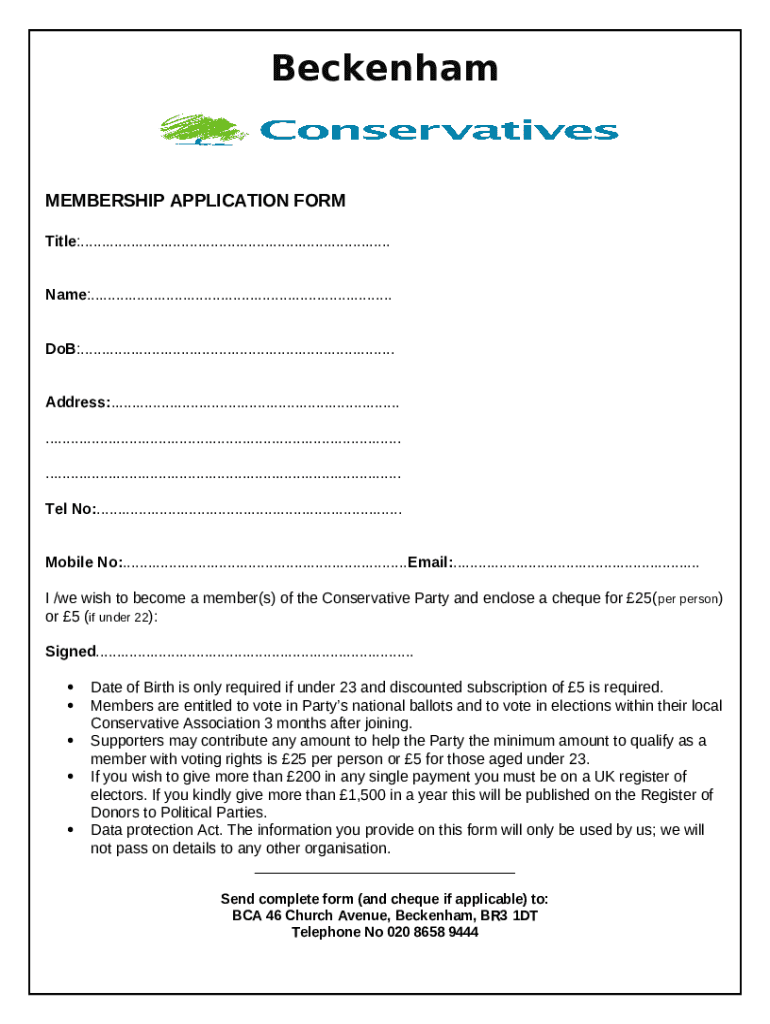 MEMBERSHIP APPLICATION FOR THE CONSERVATIVE PARTY Doc Template | pdfFiller