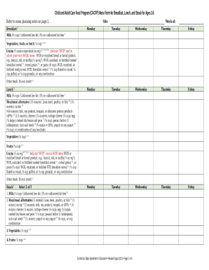CACFP Menu for Breakfast, Lunch, and Snack for Ages 3-5 Doc Template ...