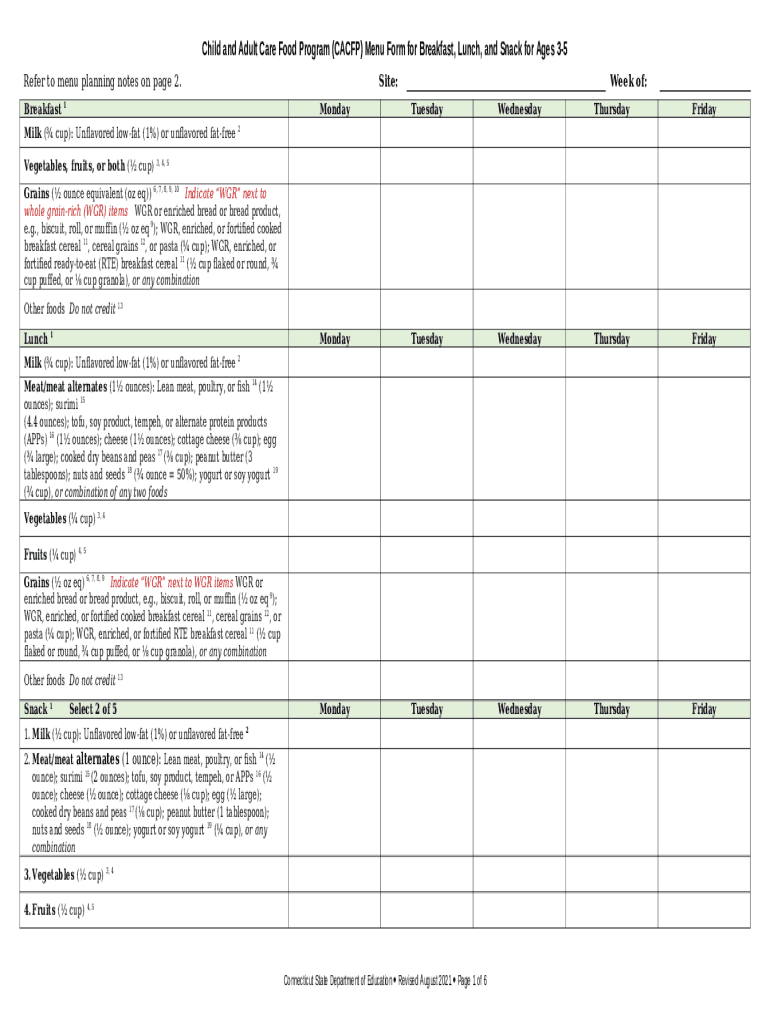 CACFP Menu for Breakfast, Lunch, and Snack for Ages 3-5 Doc Template ...
