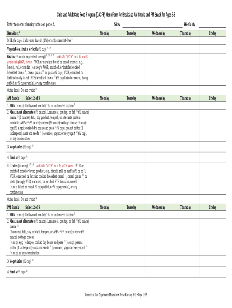 CACFP Menu for Breakfast, Lunch, and Snack for Ages 1-2 Doc Template ...
