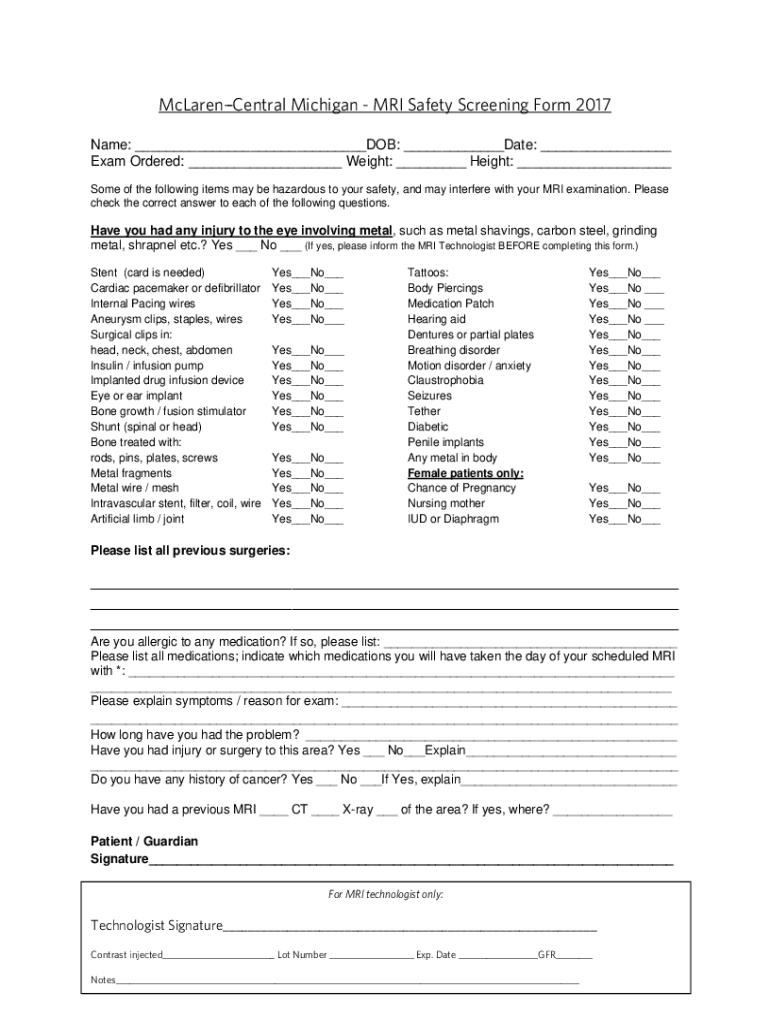 Fillable Online Pdf Mri Safety Screening Form Mr My Doctor Online Fax