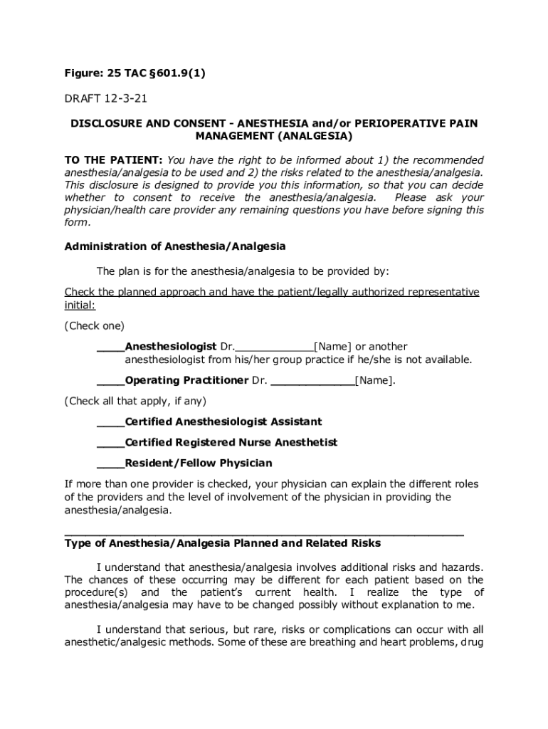 Fillable Online Disclosure and Consent - Anesthesia and or ...