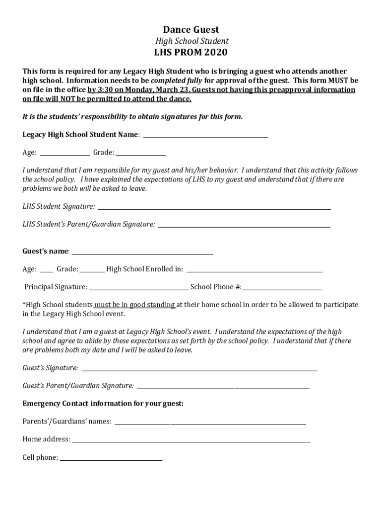 Fillable Online Guest dance permission form for Prom - lisd.net Fax ...