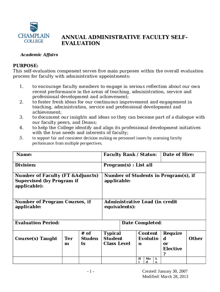 Administrative Faculty Self-Evaluation Doc Template | pdfFiller