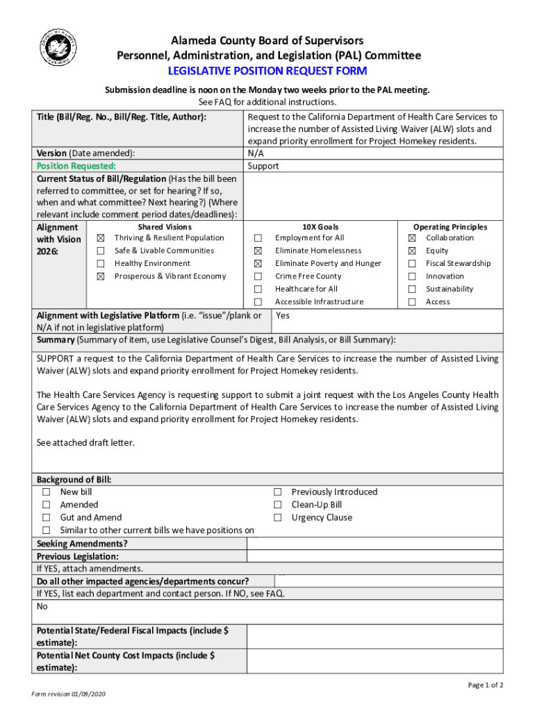 Fillable Online LEGISLATIVE POSITION REQUEST FORM - Alameda County Fax ...