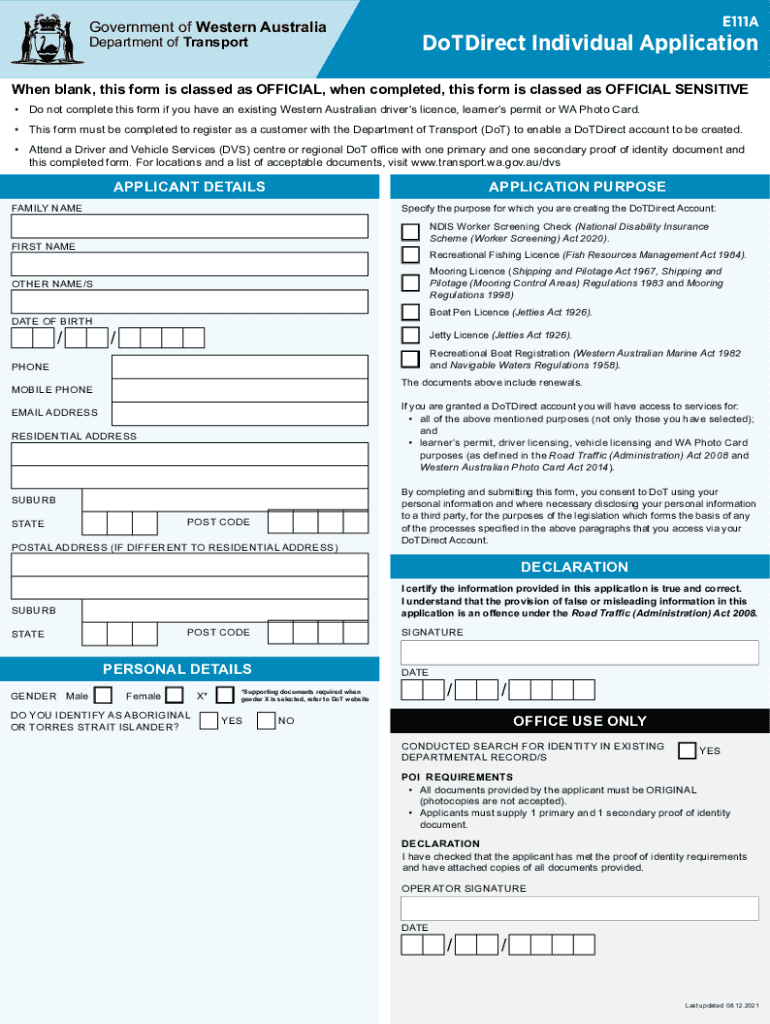 Fillable Online DoTDirect Individual Application (Form E111A ...