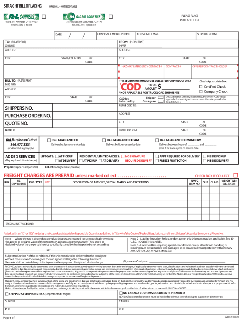 Fillable Online Straight bill of lading short form original not ...