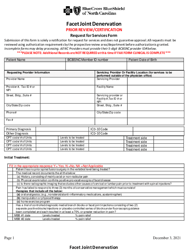 Fillable Online www.blueshieldca.combscabscPrior Authorization Request Form Facet Joint ...