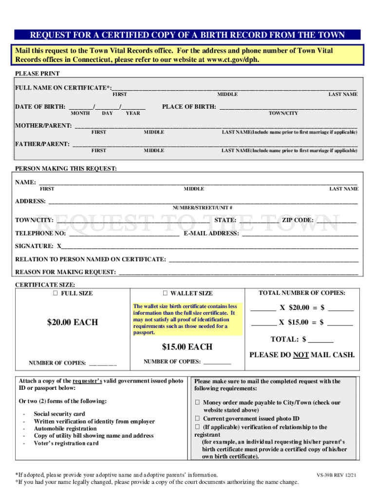 Fillable Online REQUEST FOR A TOWN CERTIFIED COPY OF BIRTH RECORD Fax ...