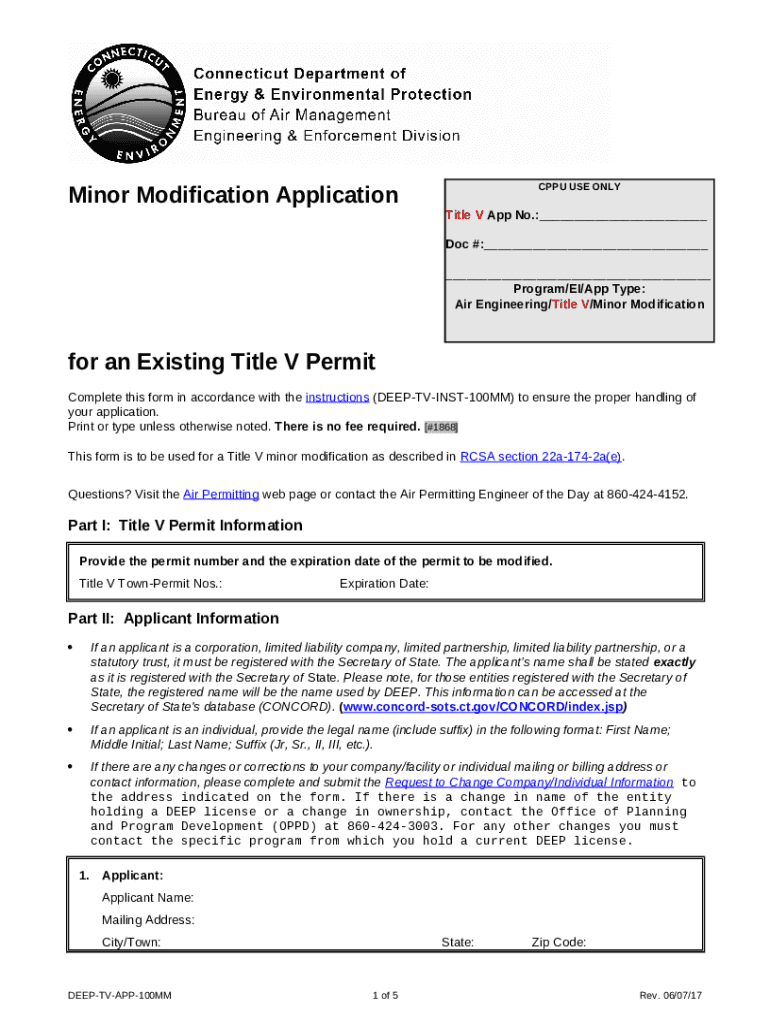 Minor Modification Application for an Existing Title V Permit. permits ...