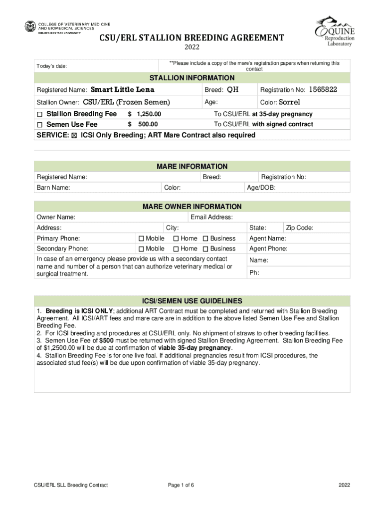 Fillable Online ERL Smart Little Lena breeding contract 2022. CSU/ERL ...