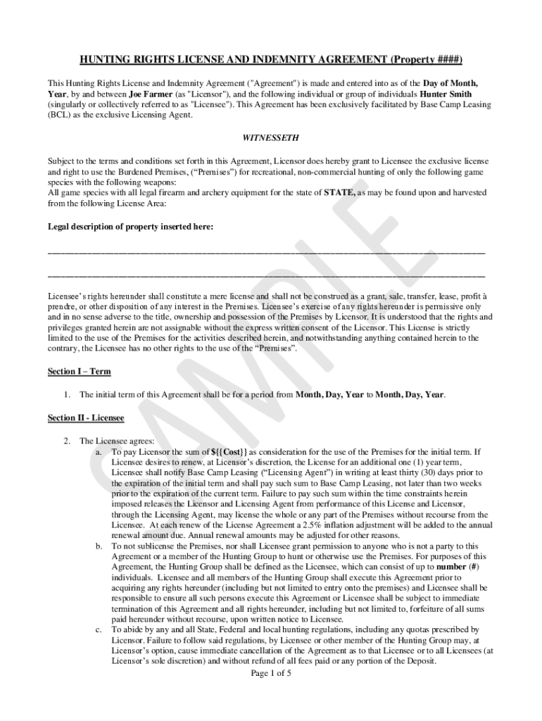 Fillable Online HUNTING LEASE AND INDEMNITY AGREEMENT Fax Email Print ...