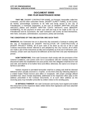 Document 00800 - One-Year Maintenance Bond. Technical Specifications ...