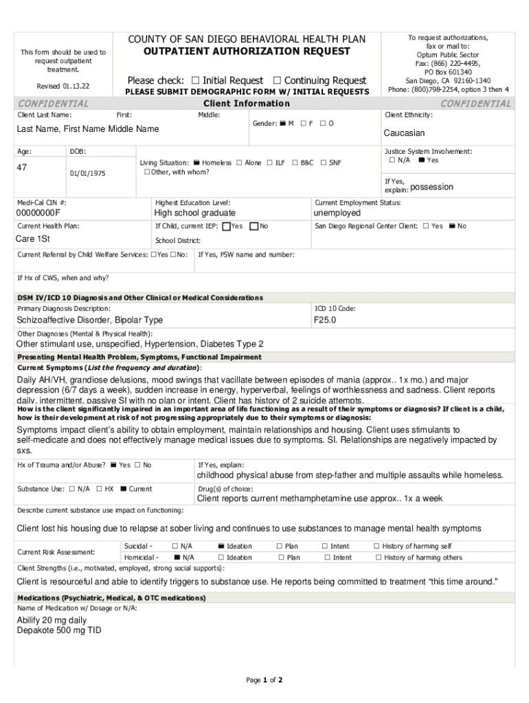 Fillable Online Outpatient Authorization Request Form Therapists ...