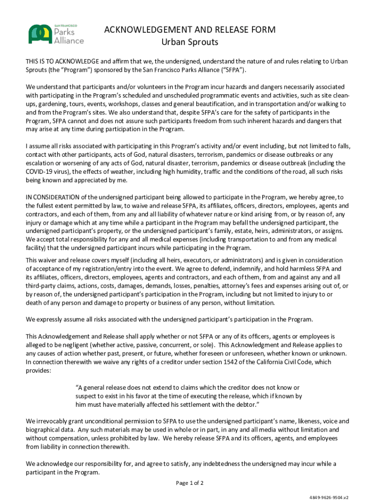 Fillable Online Participant Acknowledgment and Release Form Fax Email ...