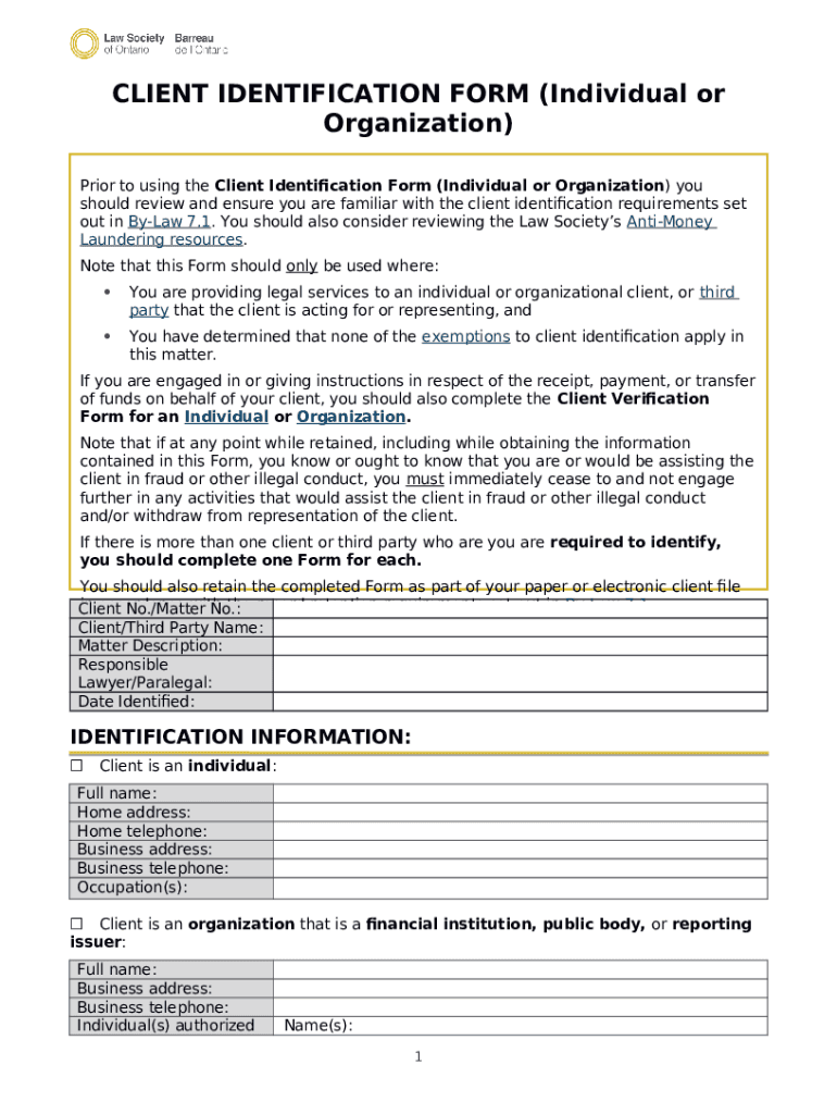 Client Identification (Individual or Organization) Doc Template | pdfFiller