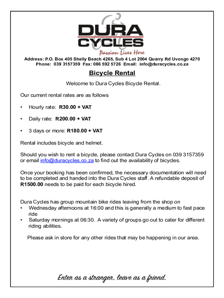 Fillable Online Dura Cycles Bicycle Rental Agreement Draft 2.pptx Fax ...