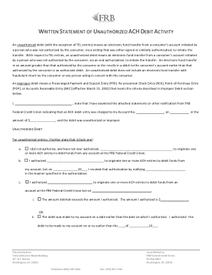 Fillable Online WRITTEN STATEMENT OF UNAUTHORIZED ACH DEBIT ACTIVITY ...