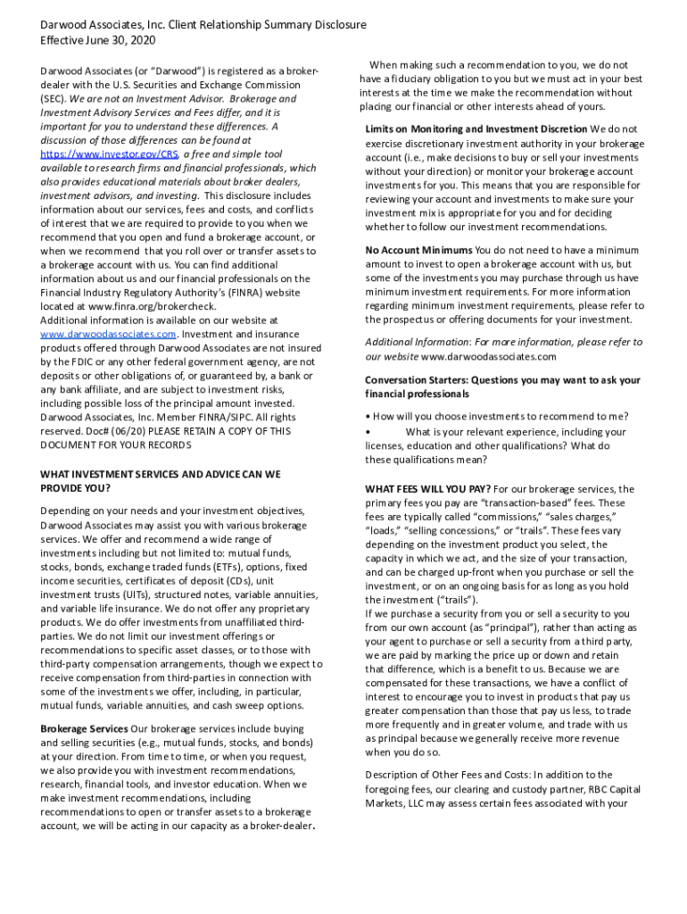 Fillable Online Darwood Reg BI Form CRS 6-29-20 WORD Revised 12-16-21 ...