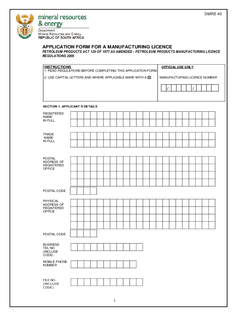 Fillable Online DMRE 40 Application Form for a Manufacturing Licence ...