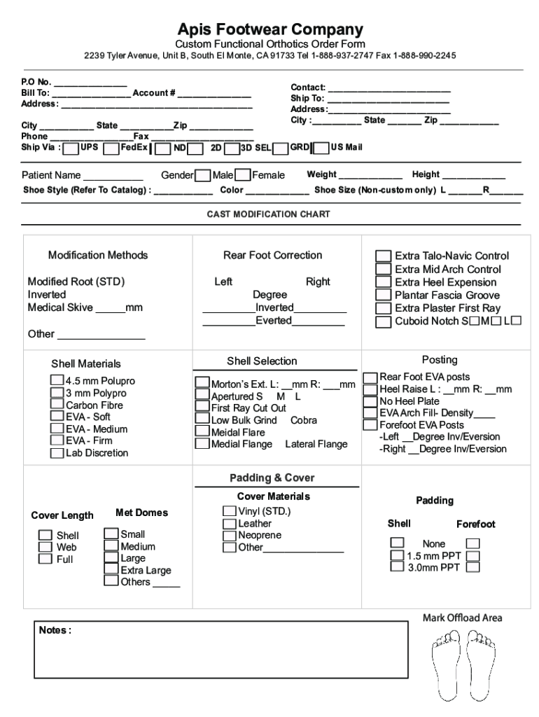 Fillable Online Apis Footwear CUSTOM ORTHOTIC ORDER FORM South El Monte ...