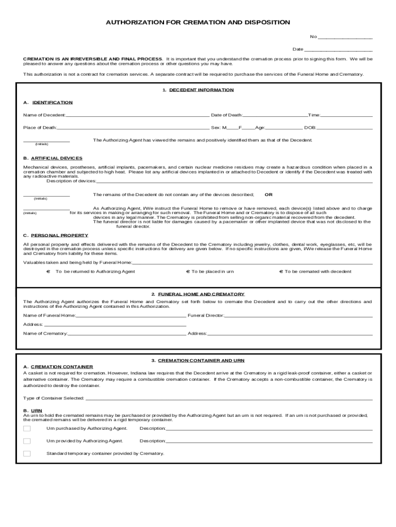 AUTHORIZATION FOR CREMATION AND DISPOSITION CREMATION IS ... Doc ...