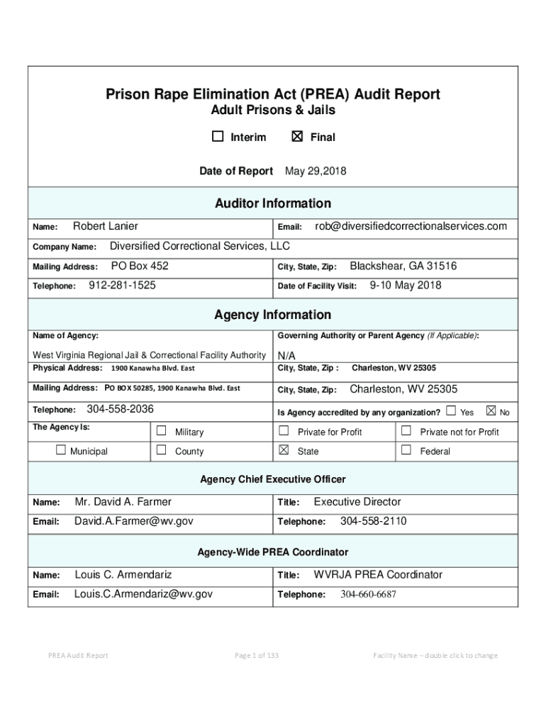 Fillable Online dcr.wv.gov resources DocumentsPrison Rape Elimination Act (PREA) Audit Report ...