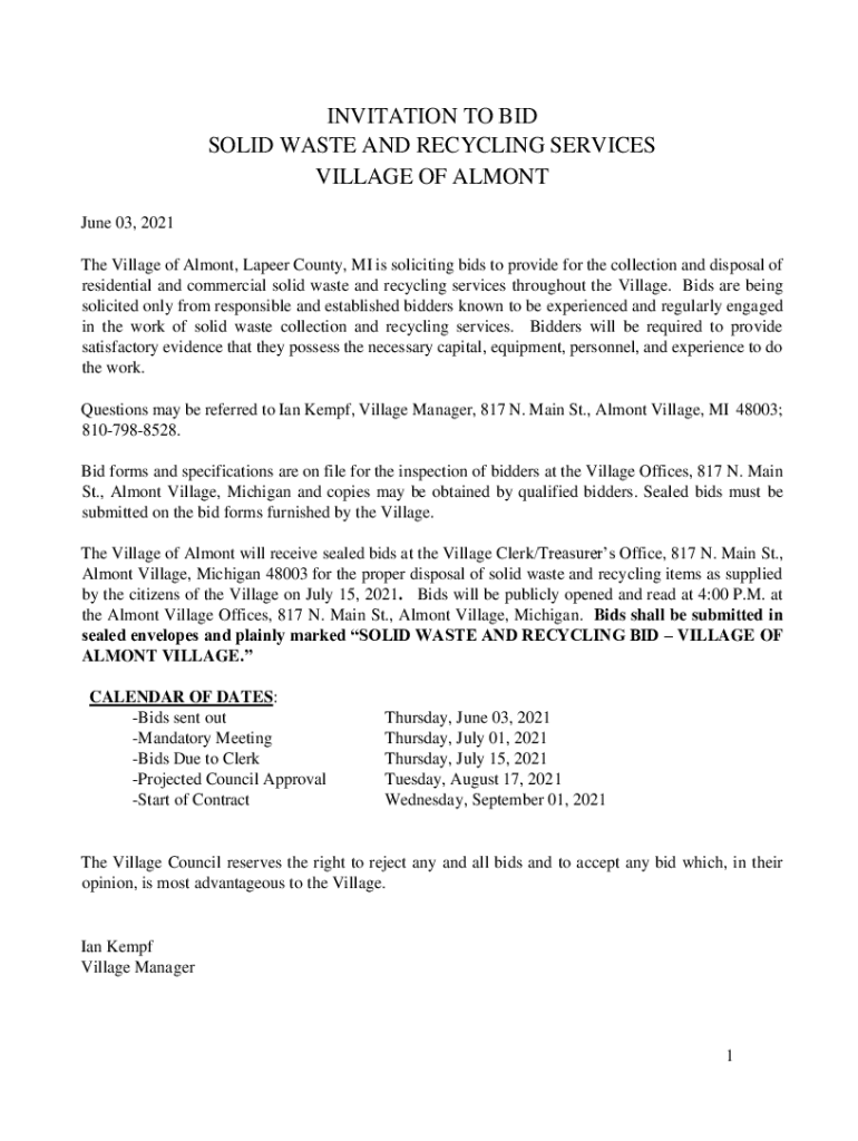 Fillable Online Invitation to Bid Solid Waste Collection and Disposal ...