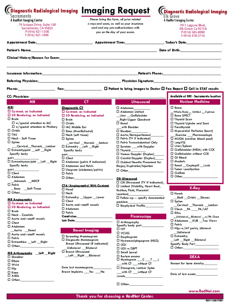 Fillable Online Diagnostic Radiological Imaging Sacramento in ...