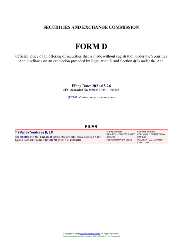 Fillable Online Tri Valley Ventures II, LP Form D Filed 2021-03-26 ...