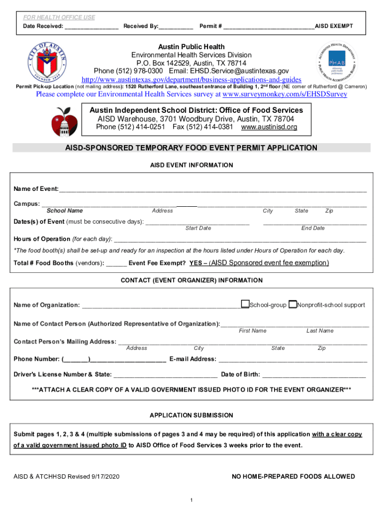 Fillable Online AISD-Sponsored Temporary Food Event Permit Application ...