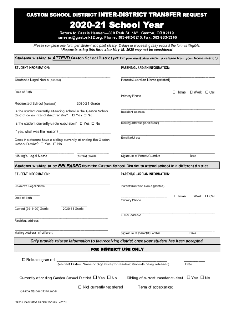 Fillable Online GASTON SCHOOL DISTRICT INTER-DISTRICT TRANSFER REQUEST ... Fax Email Print ...