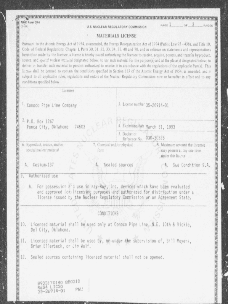 Fillable Online www.nrc.govdocsML0932NRC FORM 374 U.s. NUCLEAR ...