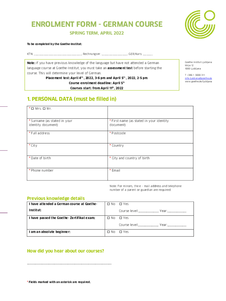 Fillable Online ENROLMENT FORM - GERMAN COURSE Fax Email Print - pdfFiller
