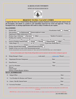 Fillable Online www.alasu.edusitesdefaultREQUEST TO FILL VACANCY FORM ...
