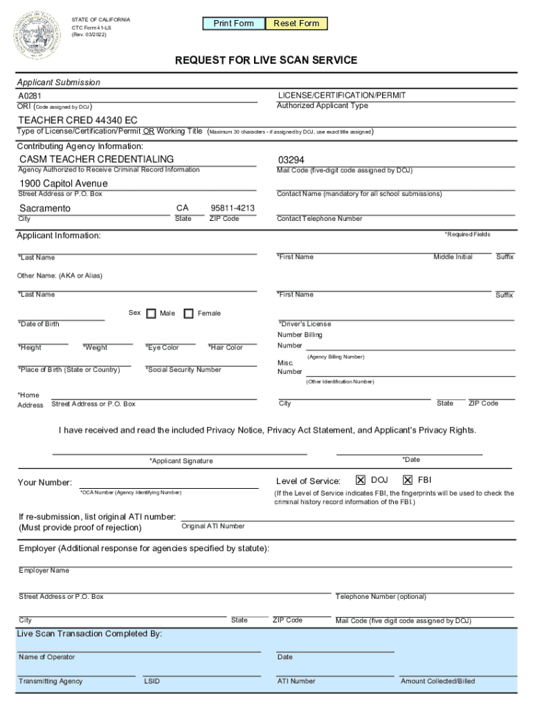 Fillable Online Request for Live Scan Service. BCIA 8016 - Request for ...