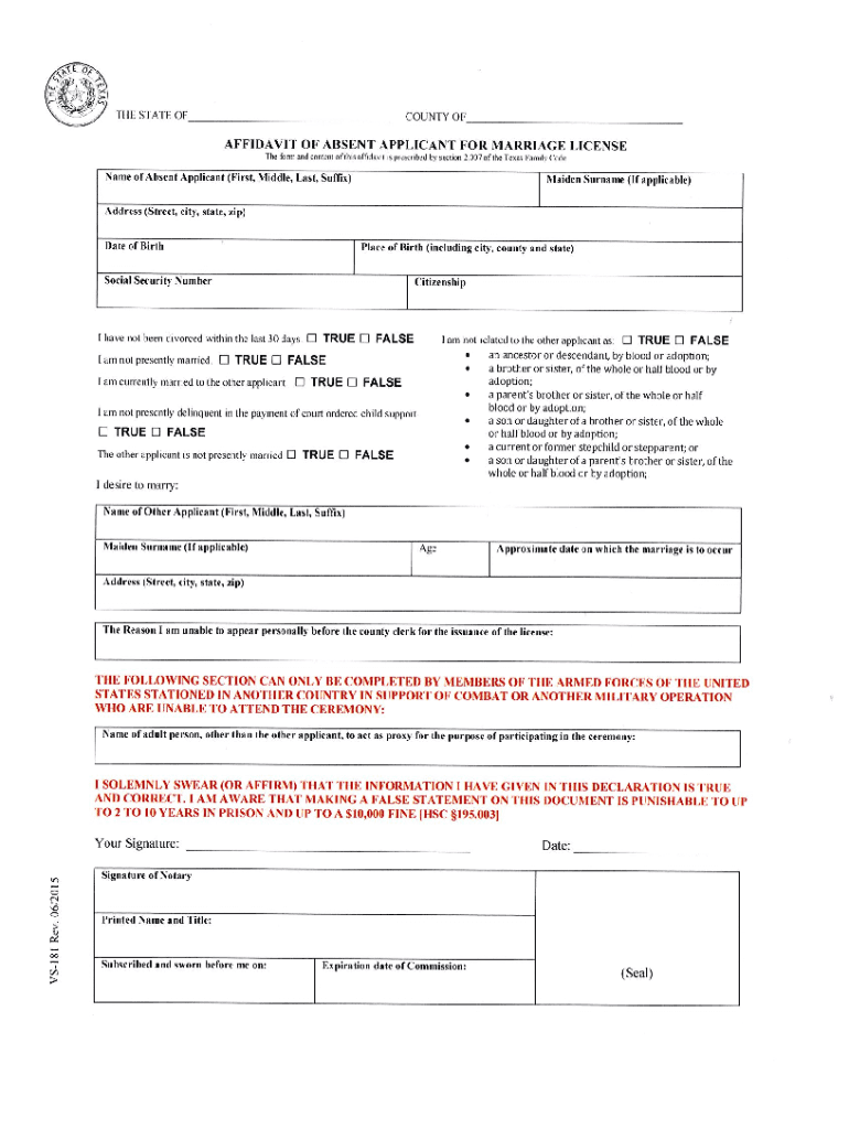 2015-2025 Form TX Affidavit of Absent Application for Marriage License ...