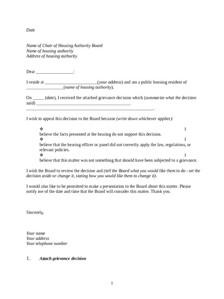 Sample Appeal Letter to Housing Authority Board. Your grievance process ...